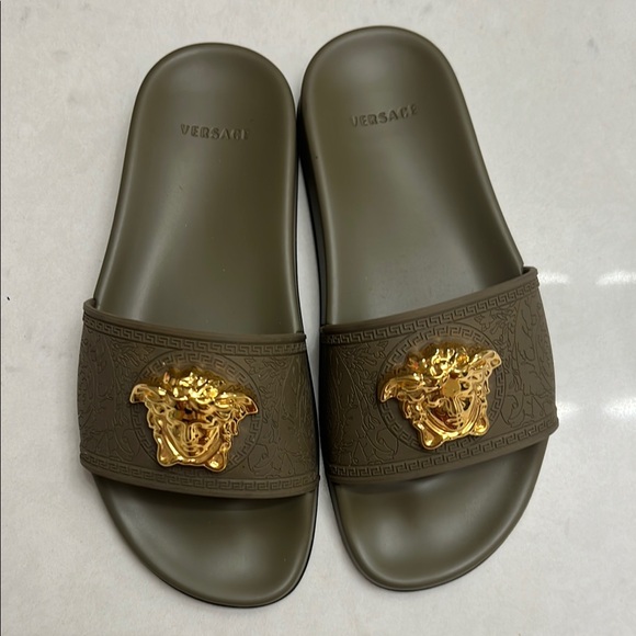 Versace | Shoes | Versace Womans Olive Green Slides With Gold Medusa ...